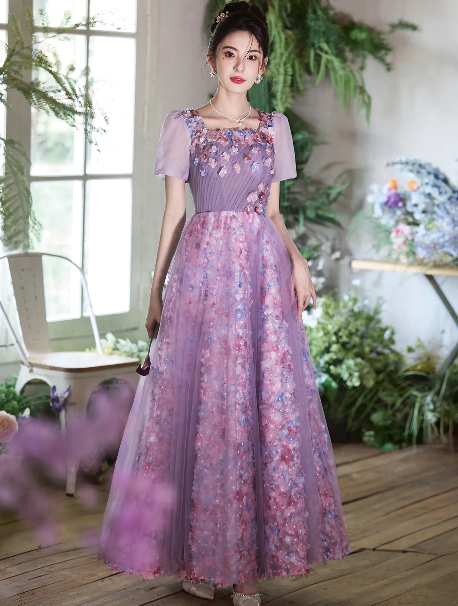 Dreamy Purple 3D Floral Tulle Princess Prom Dress Violet Formal Gown ...