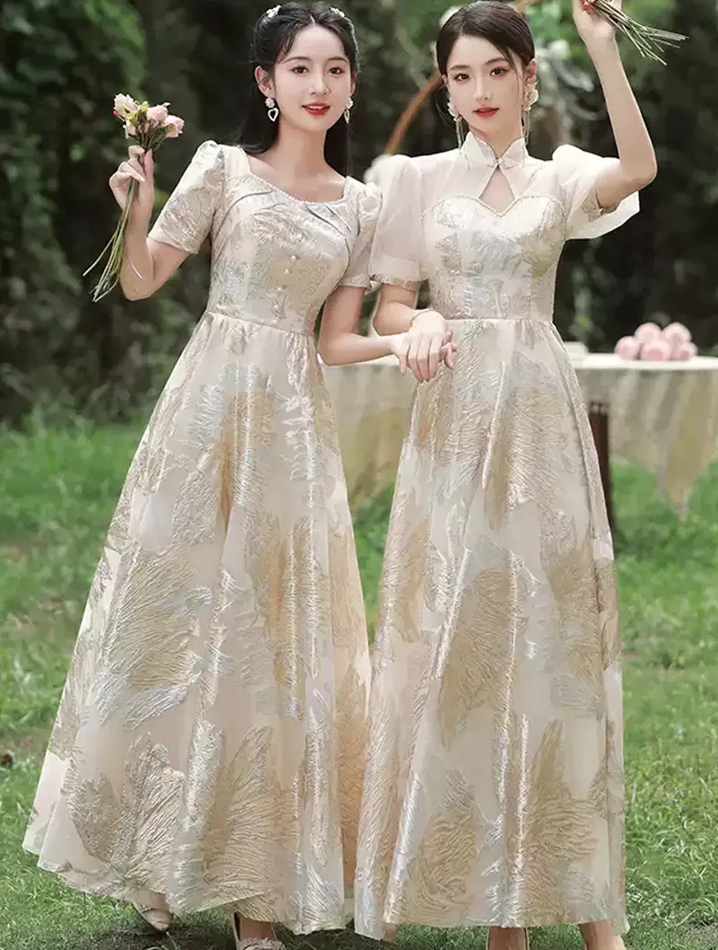 Fashion Champagne Short Sleeve Jacquard Bridesmaid Midi Dress – FloraShe