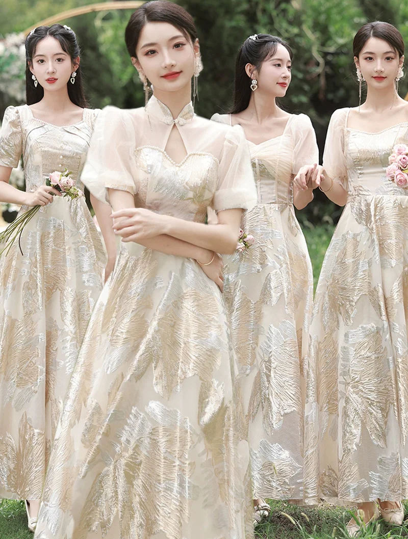 Fashion Champagne Short Sleeve Jacquard Bridesmaid Midi Dress – FloraShe