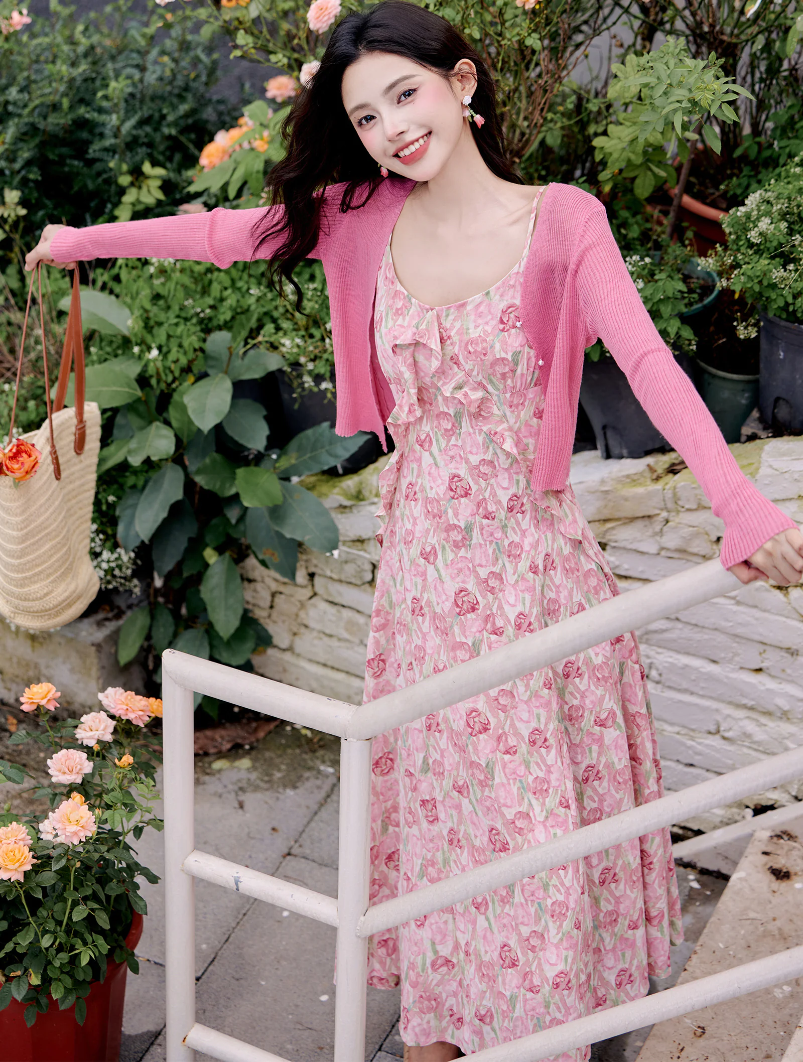 Gentle Rose Floral Print Ruffle Edge Camisole Dress with Knit Cardigan ...