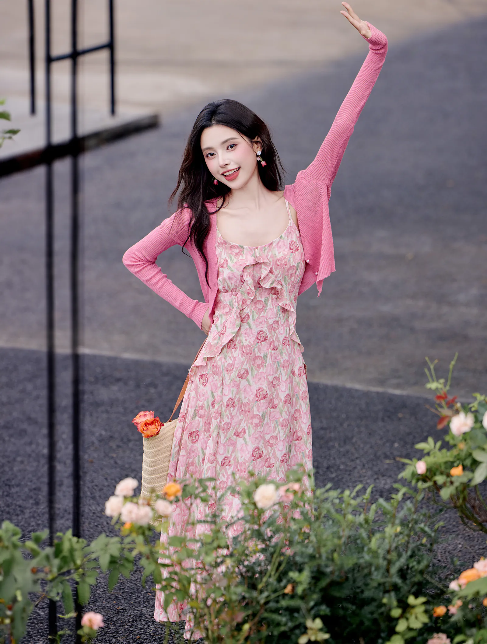 Gentle Rose Floral Print Ruffle Edge Camisole Dress with Knit Cardigan ...
