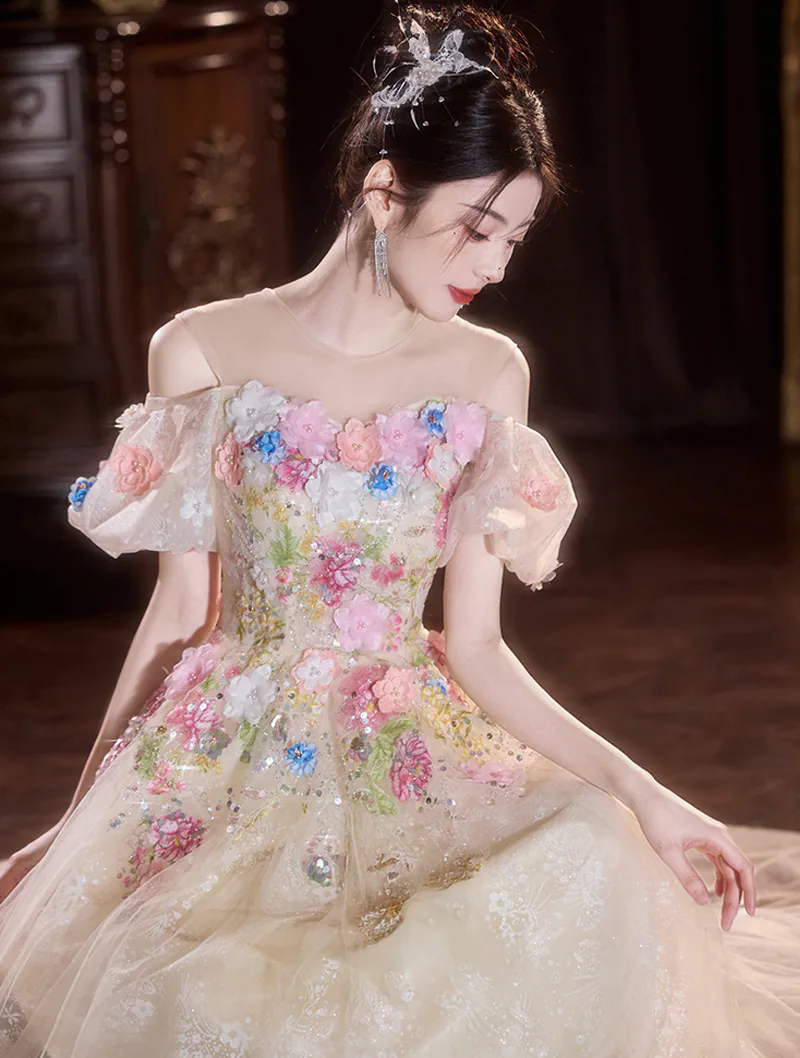 Sweet Champagne Floral Embroidery Prom Graduation Formal Dress – FloraShe