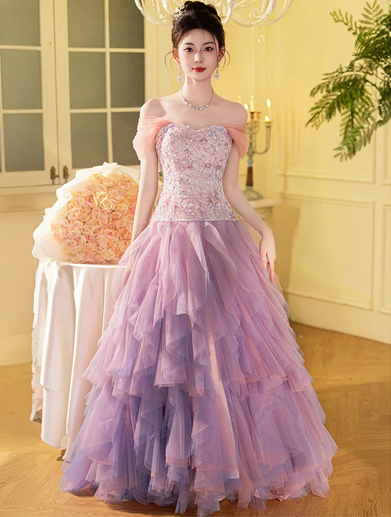 Sweet Purple Strapless Evening Gown Layered Prom Party Maxi Dress ...
