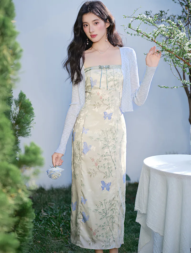 Chic French Butterfly Print Cami Dress with Light Blue Cardigan Set ...