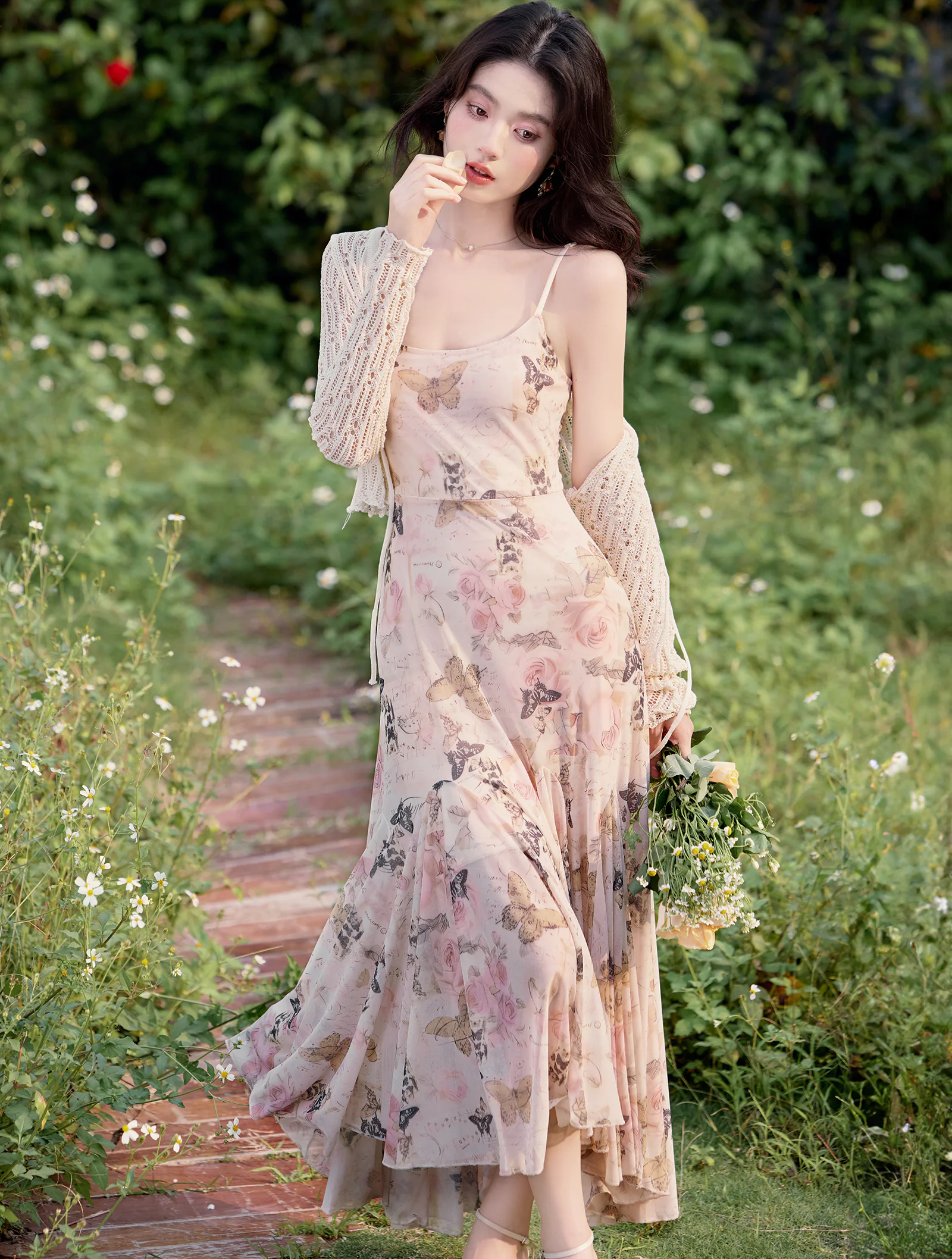 Aesthetic Slim Fit Fishtail Flowy Skirt Slip Dress with Knit Cardigan ...