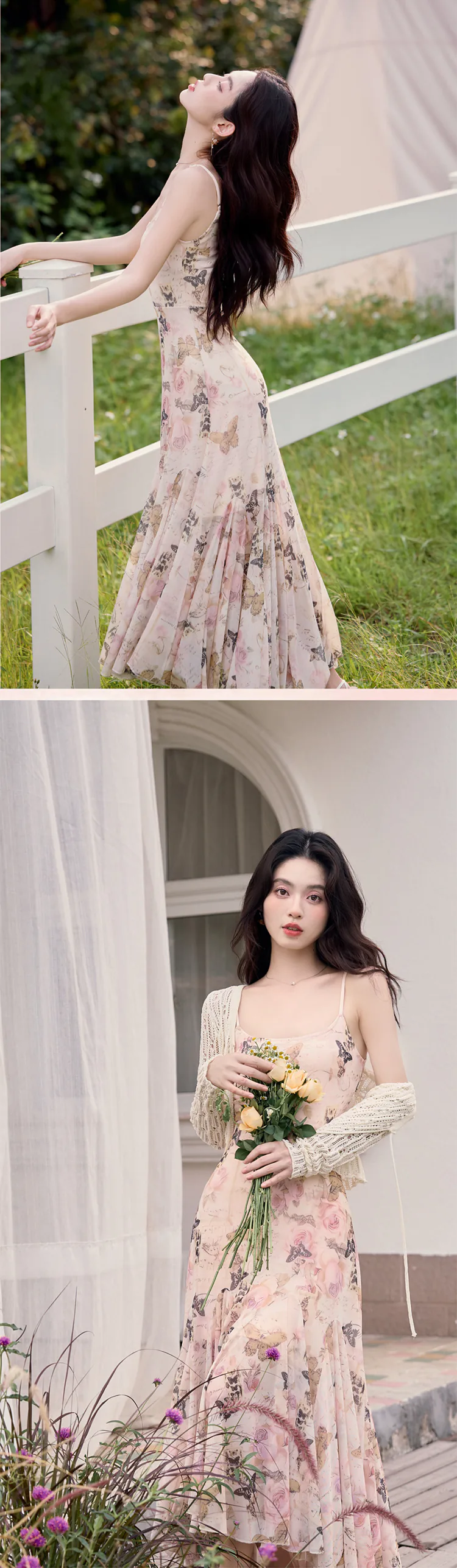 Aesthetic Slim Fit Fishtail Flowy Skirt Slip Dress with Knit Cardigan ...