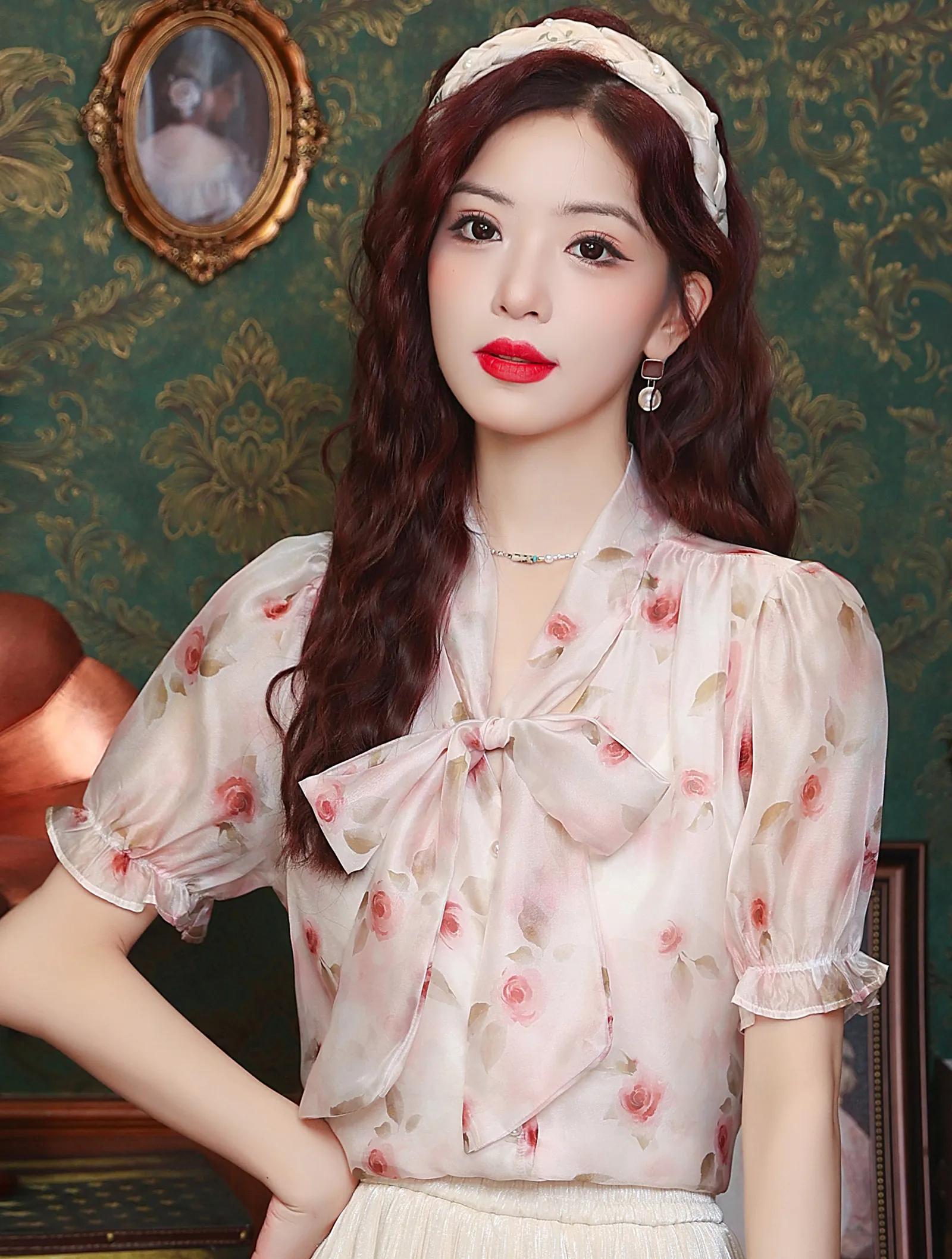 Charming French Style Bow Ribbon Pink Floral Casual Chiffon Shirt ...
