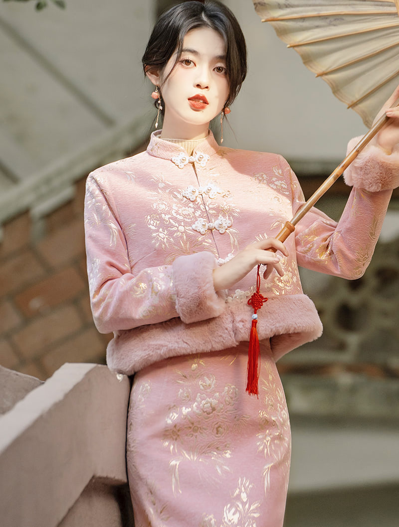 Elegant Pink Jacquard Thick Warm Modern Qipao Dress Casual Outfit ...