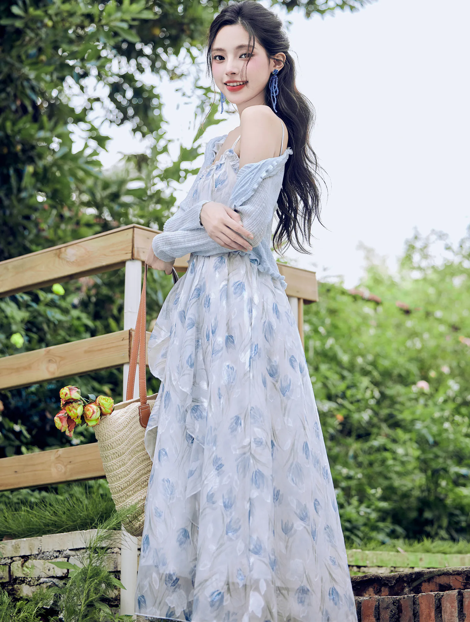 Gentle Soft Blue Floral Print Beach Work Casual Dress with Cardigan Set ...