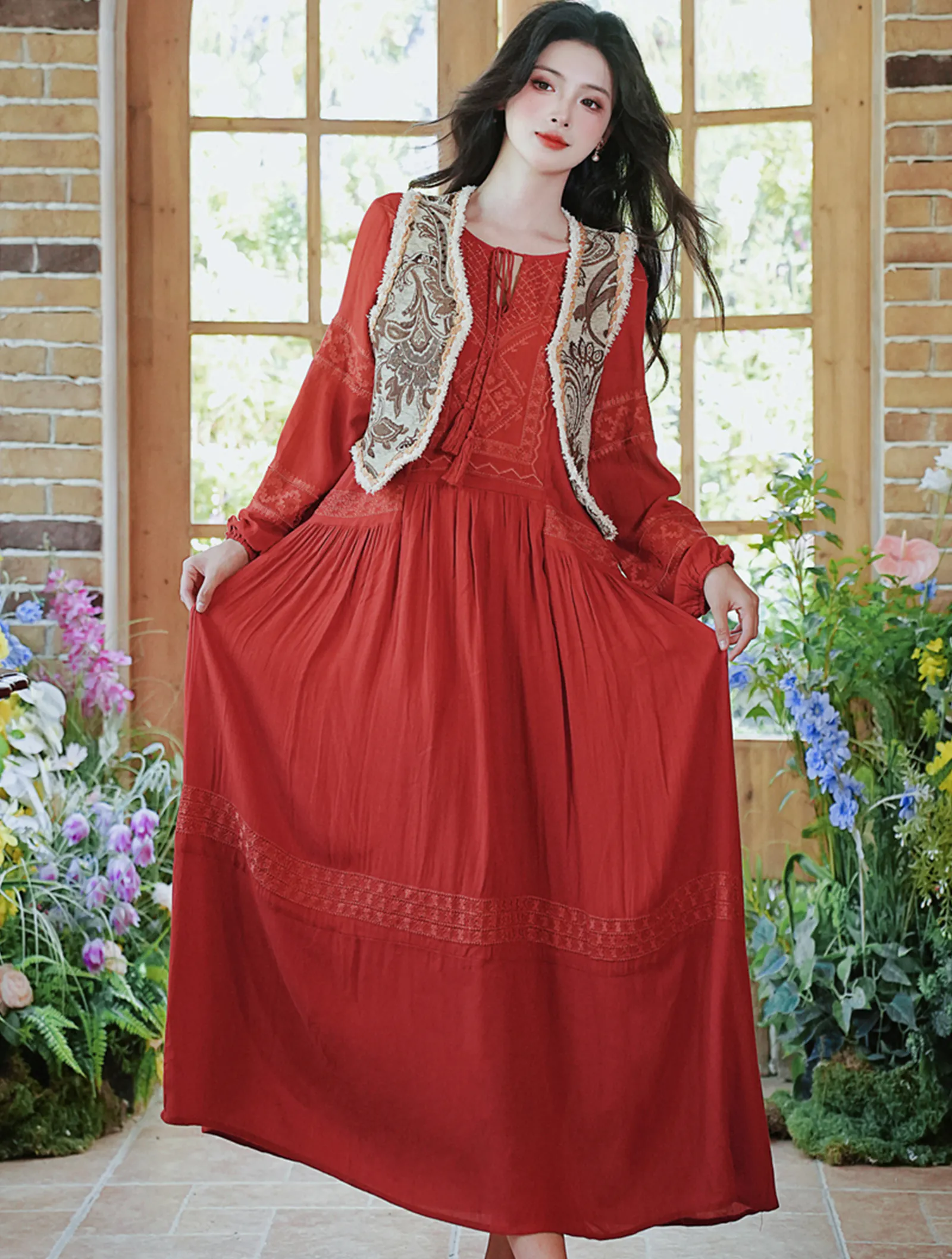 Red Bohemian Style Embroidery Dress with Vest Casual Vacation Outfits ...