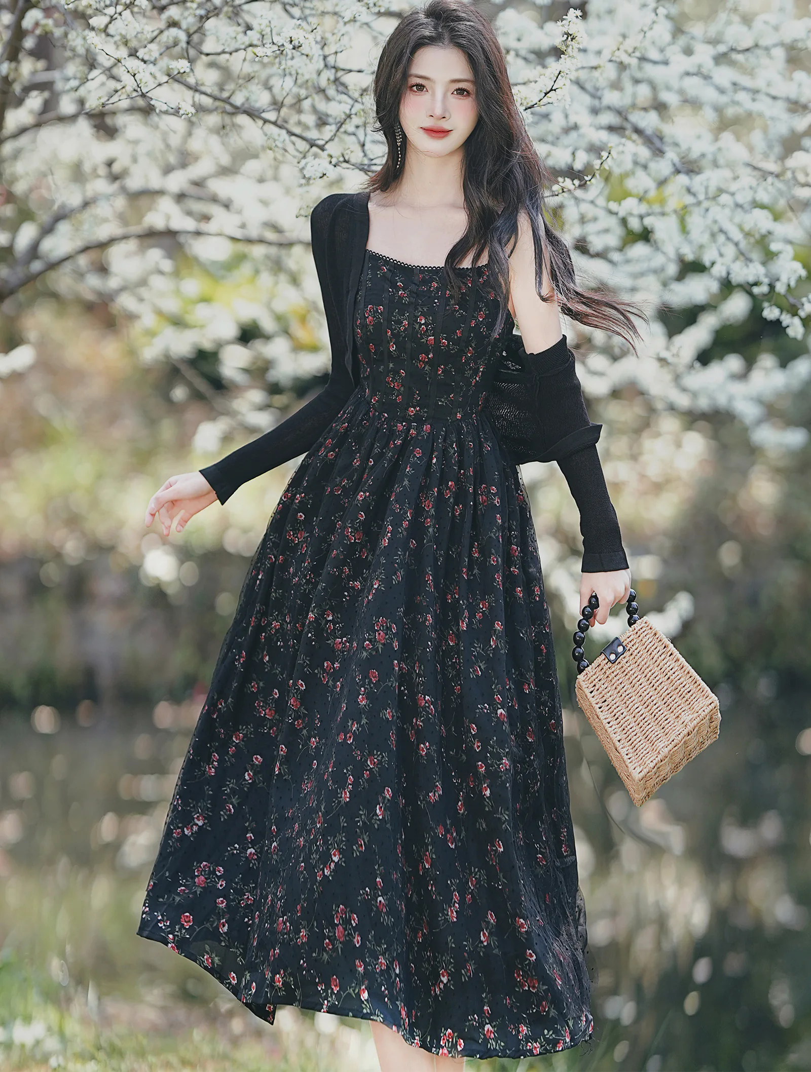 Sweet Ladies Black Floral Summer Slip Casual Dress with Cardigan Set ...