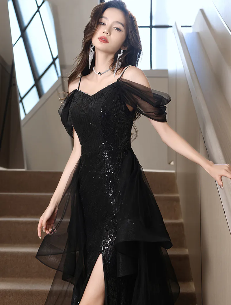 A-Line Black Split Cocktail Party Long Dress Sexy Formal Evening Gown ...