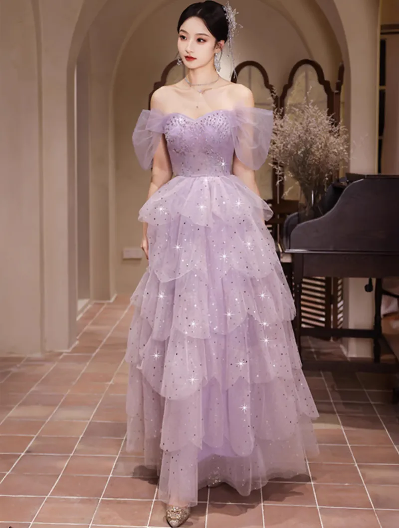 Fairy Princess Off Shoulder Lavender Tulle Ball Gown Layered Prom Dress ...