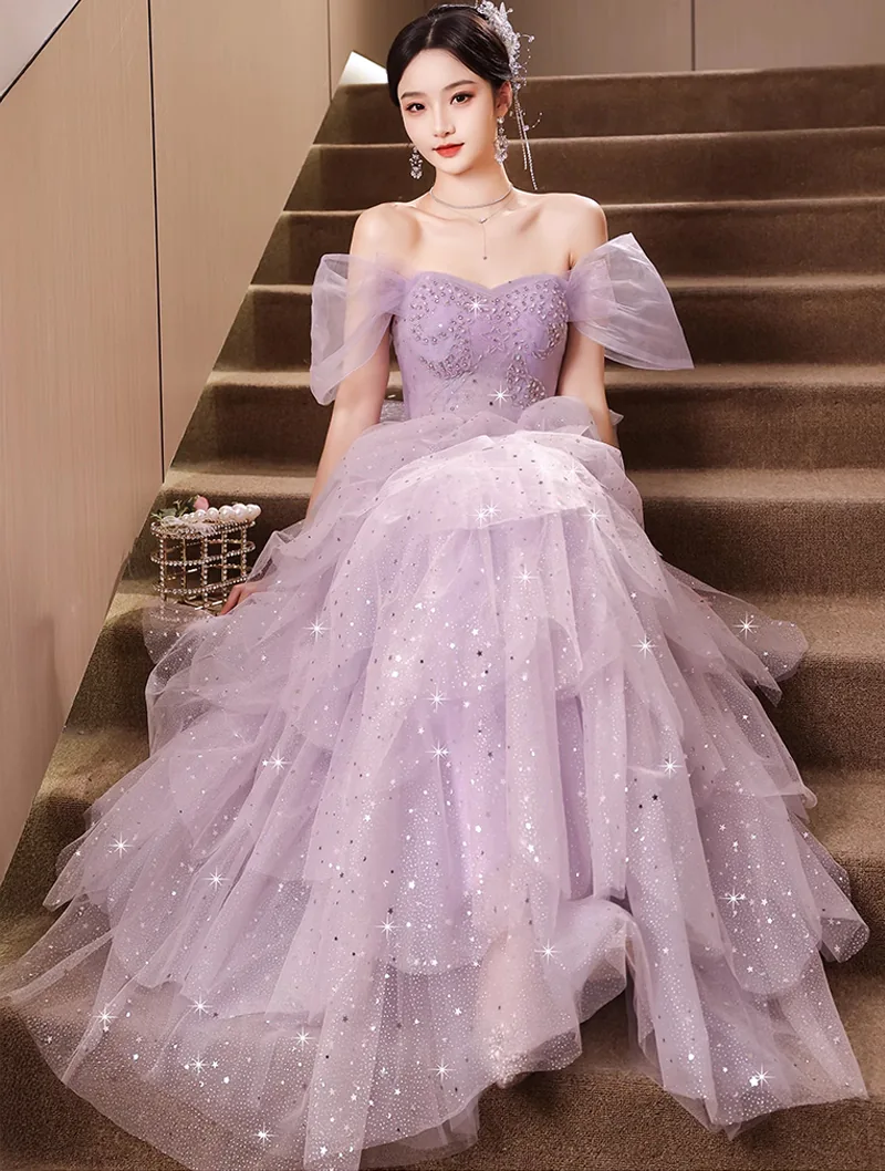 Fairy Princess Off Shoulder Lavender Tulle Ball Gown Layered Prom Dress ...