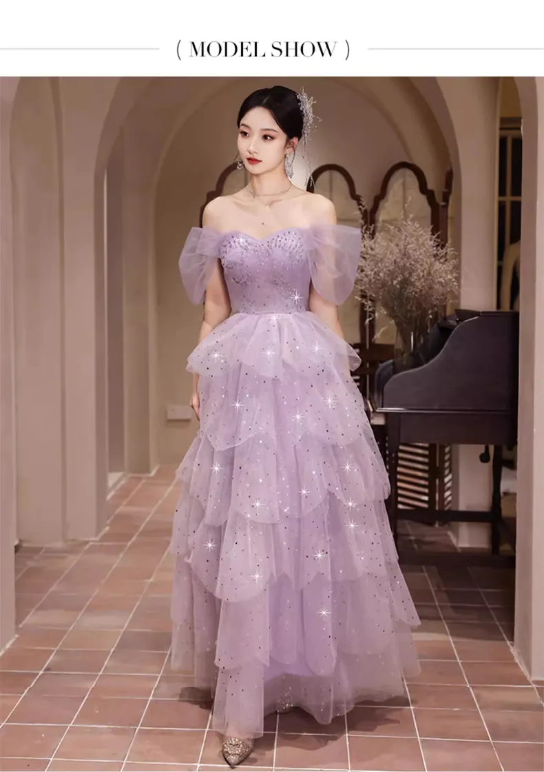 Fairy Princess Off Shoulder Lavender Tulle Ball Gown Layered Prom Dress ...