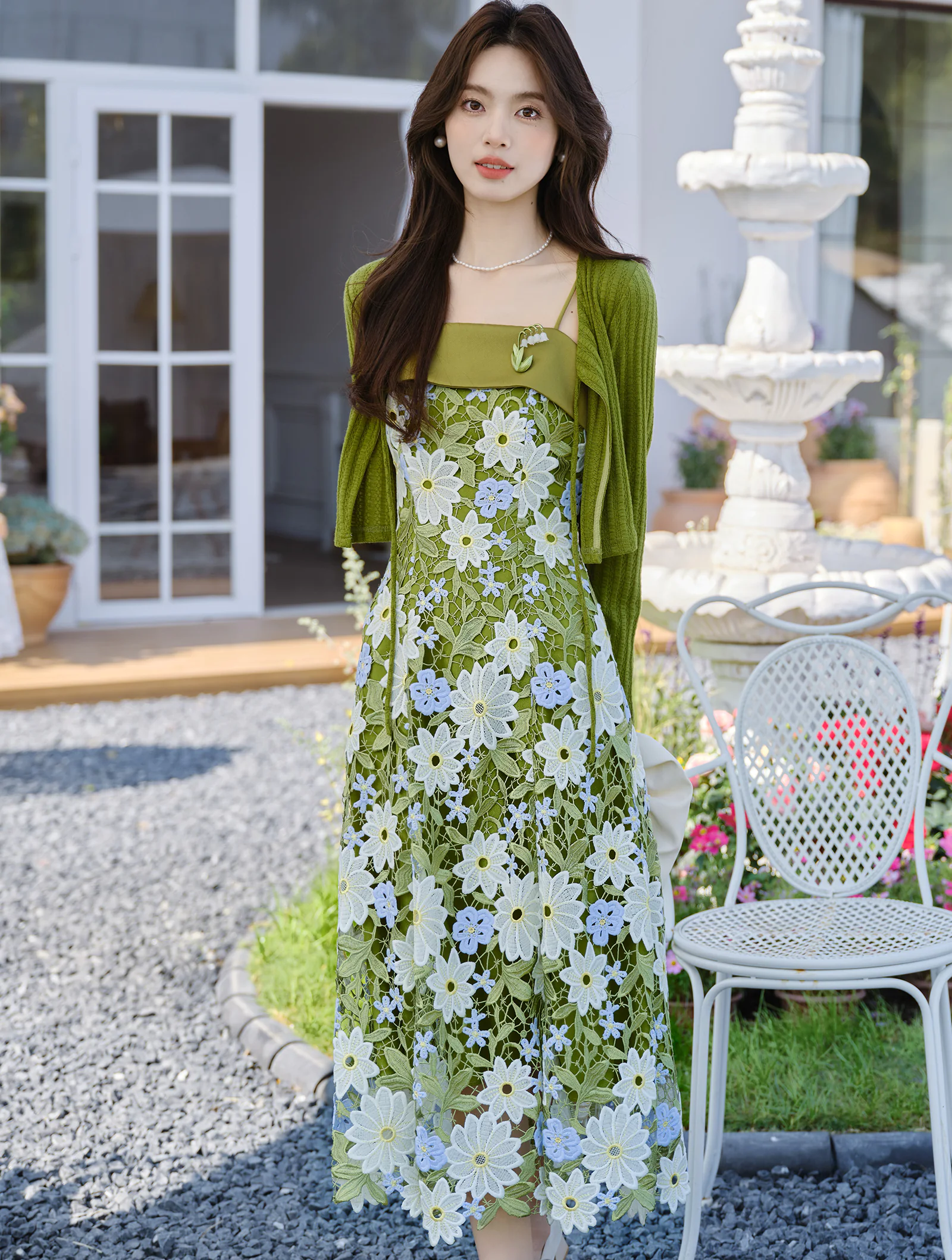 Stylish Green Lace Floral Slip Dress with Long Sleeve Cardigan Casual ...