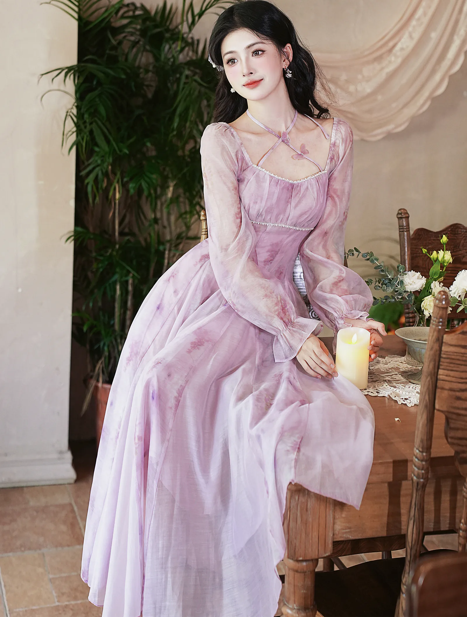 Sweet Princess French Style Square Neck Purple Chiffon Casual Dress ...