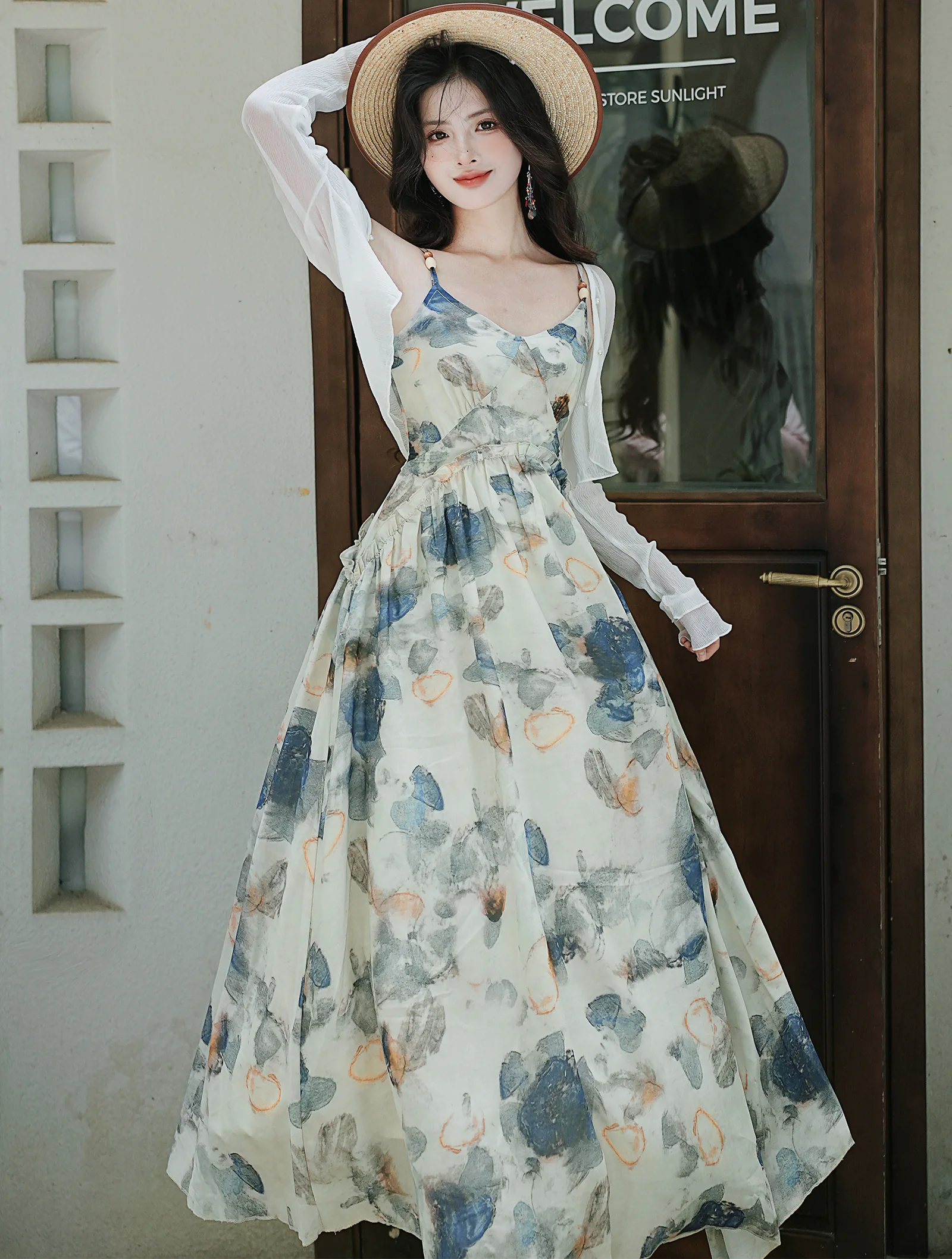 Gentle French Vintage Tea-Length Beach Casual Dress with Cardigan Set ...