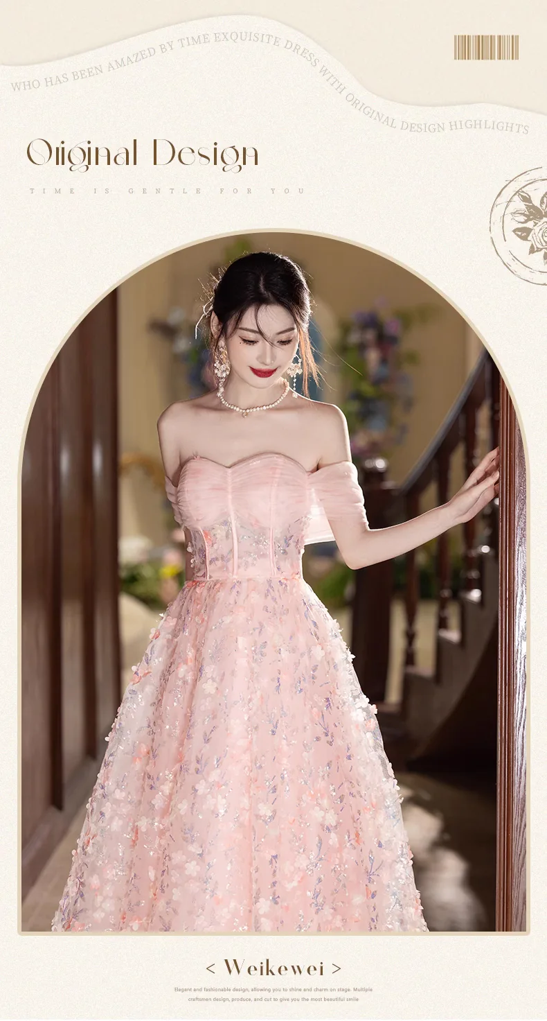 Romantic Pink Off-Shoulder Formal Event Dress Floral Embroidered Gown ...