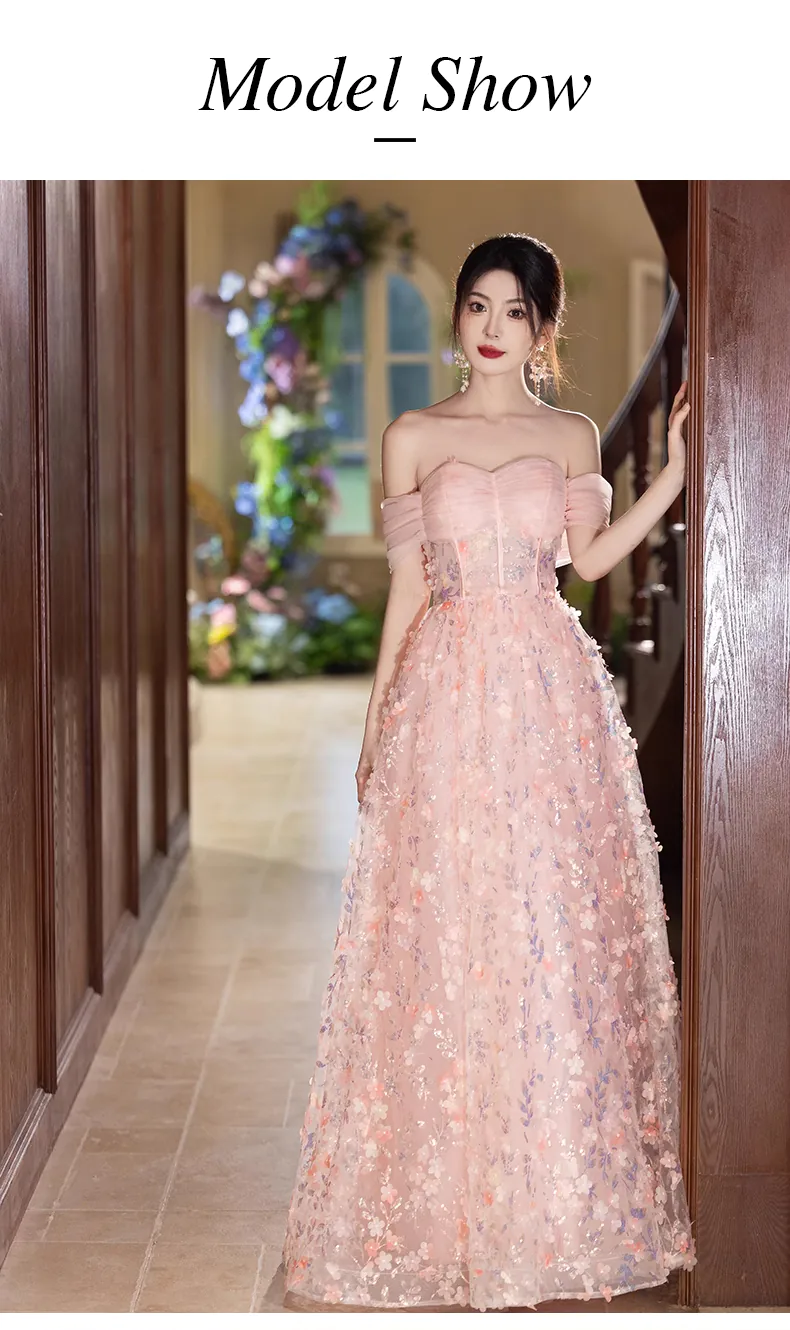 Romantic Pink Off-Shoulder Formal Event Dress Floral Embroidered Gown ...