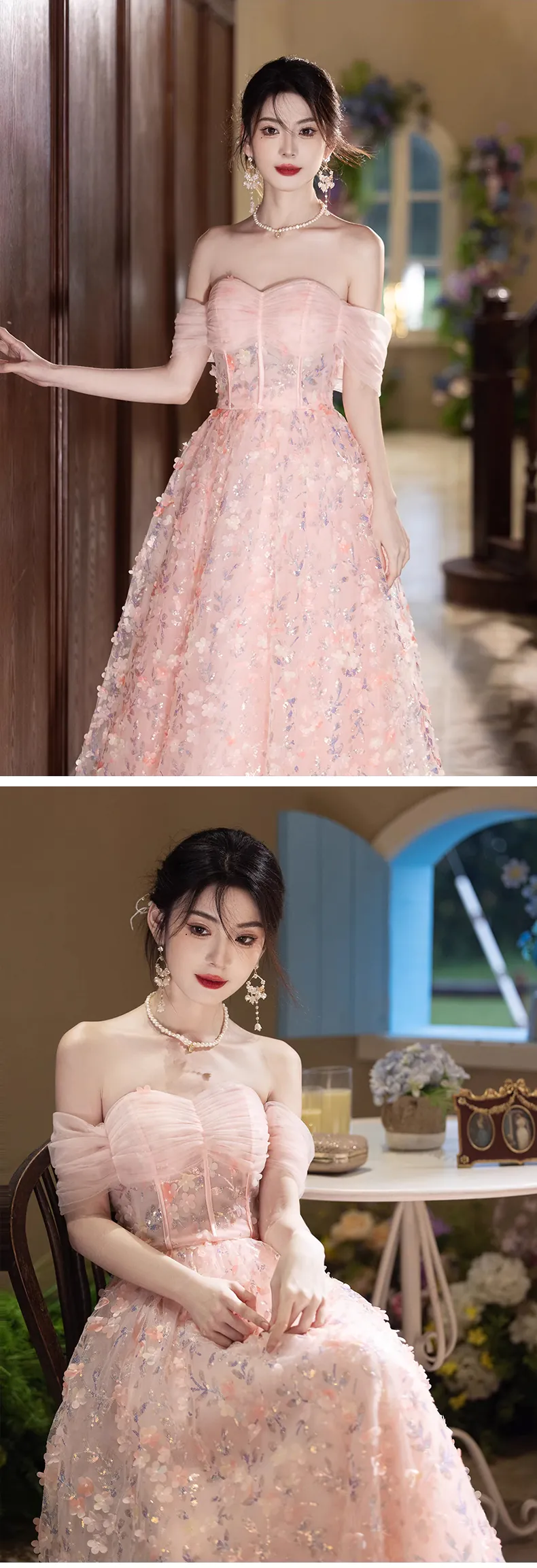 Romantic Pink Off-Shoulder Formal Event Dress Floral Embroidered Gown ...