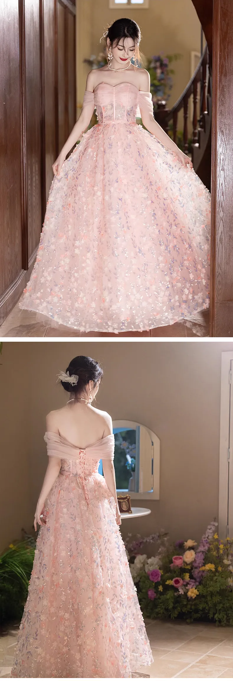 Romantic Pink Off-Shoulder Formal Event Dress Floral Embroidered Gown ...