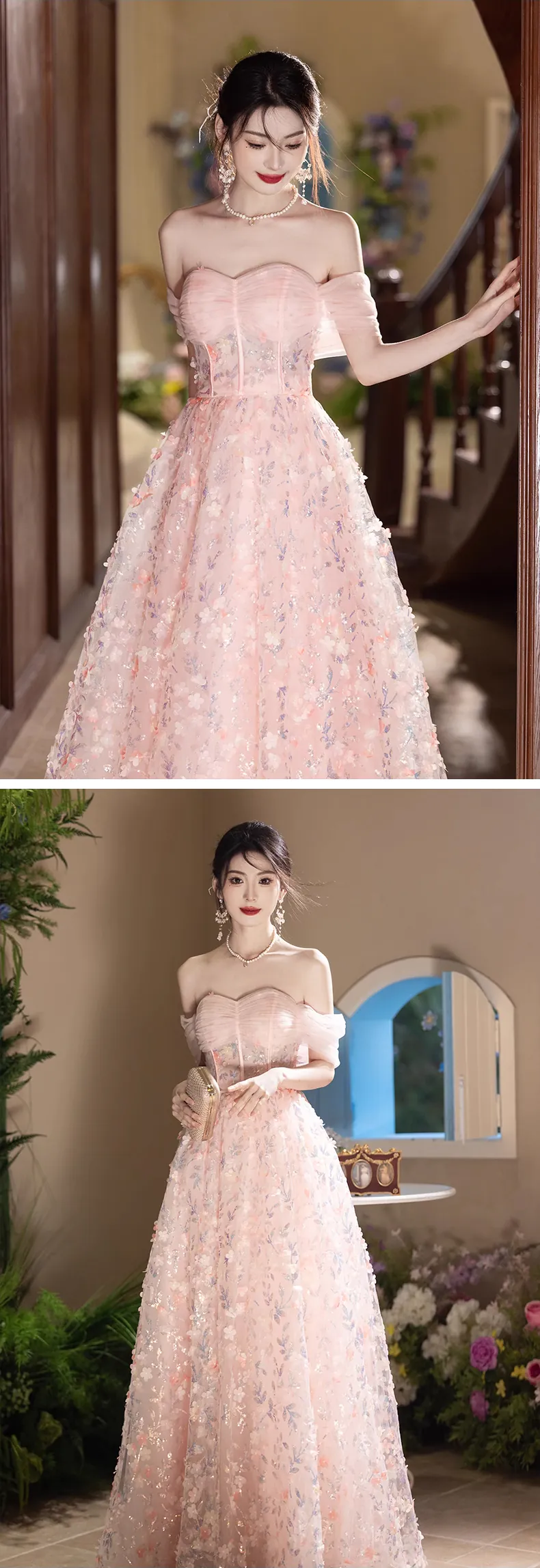 Romantic Pink Off-Shoulder Formal Event Dress Floral Embroidered Gown ...