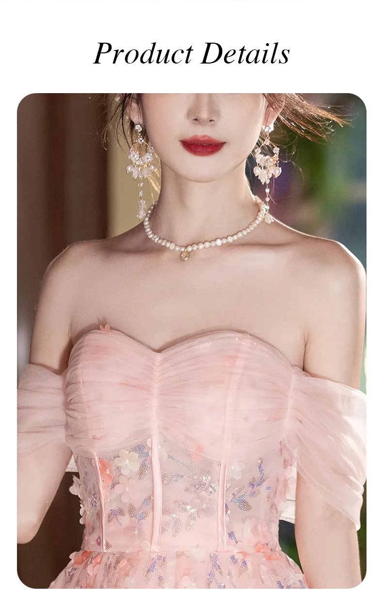 Romantic Pink Off-Shoulder Formal Event Dress Floral Embroidered Gown ...