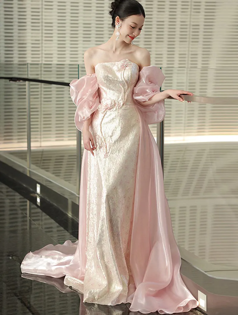 Chic Pink Off-Shoulder Bridal Gown Fairy Strapless Cocktail Formal ...