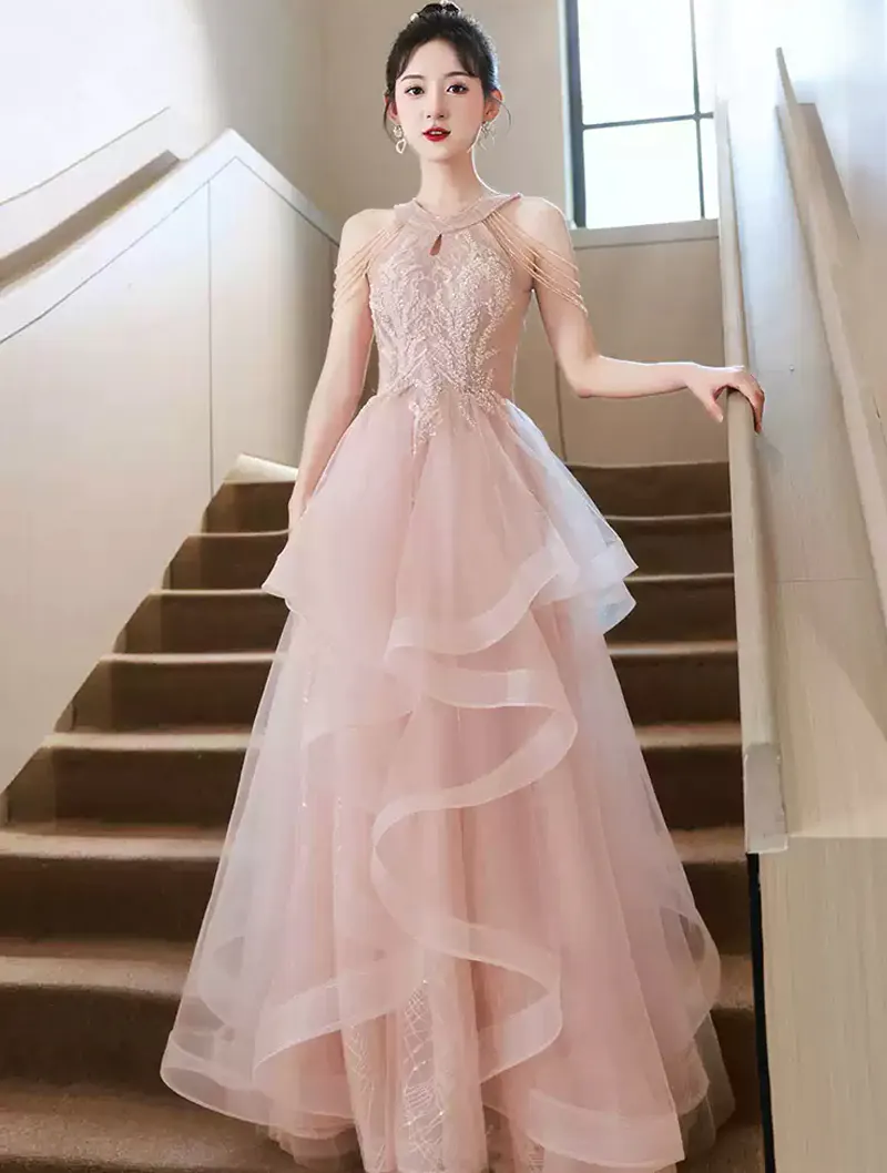 Pretty Fringe Off Shoulder Flowy Pink Princess Halter Neck Prom Dress – FloraShe