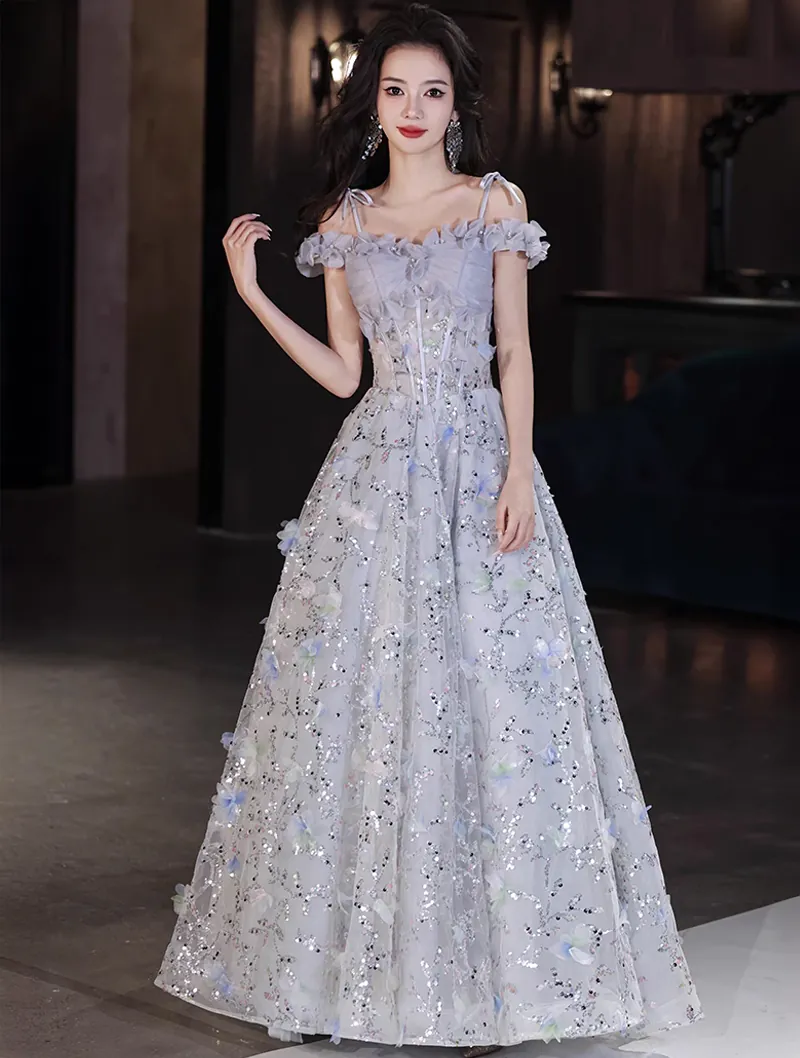 Chic Silver Gray 3D Floral Evening Dress Engagement Graduation Gown ...