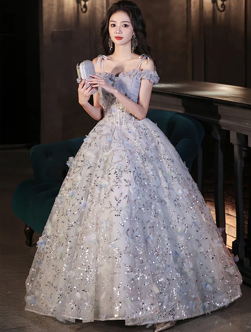 Chic Silver Gray 3D Floral Evening Dress Engagement Graduation Gown ...