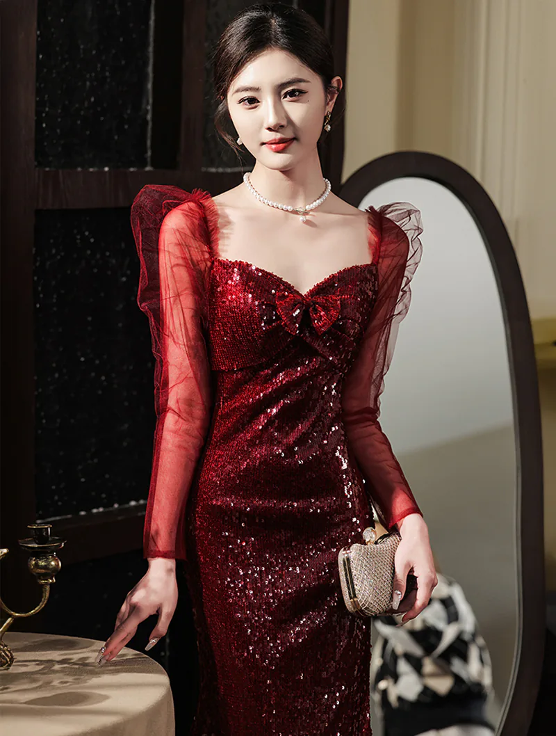 Elegant Burgundy Fishtail Sequin Prom Dress Cocktail Gala Formal Gown ...