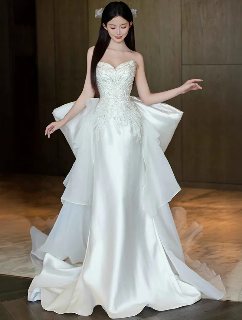 Modest French Style White Satin Strapless Mermaid Wedding Dress – FloraShe