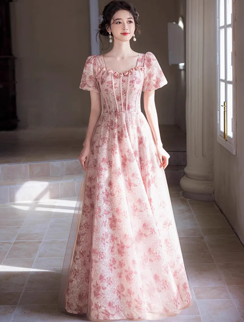 Modest Pink Square Neck Short Sleeve Evening Dress Formal Party Gown ...