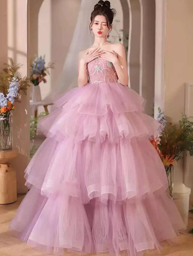 Romantic Princess Pink Tulle Puffy Tiered Skirt Tube Prom Maxi Dress ...