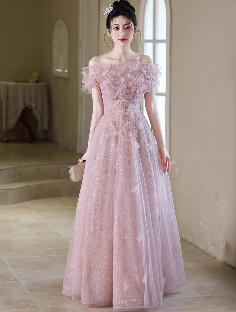 Sweet Off-Shoulder Strapless Pink Tulle Floral Dress Prom Formal Ball ...