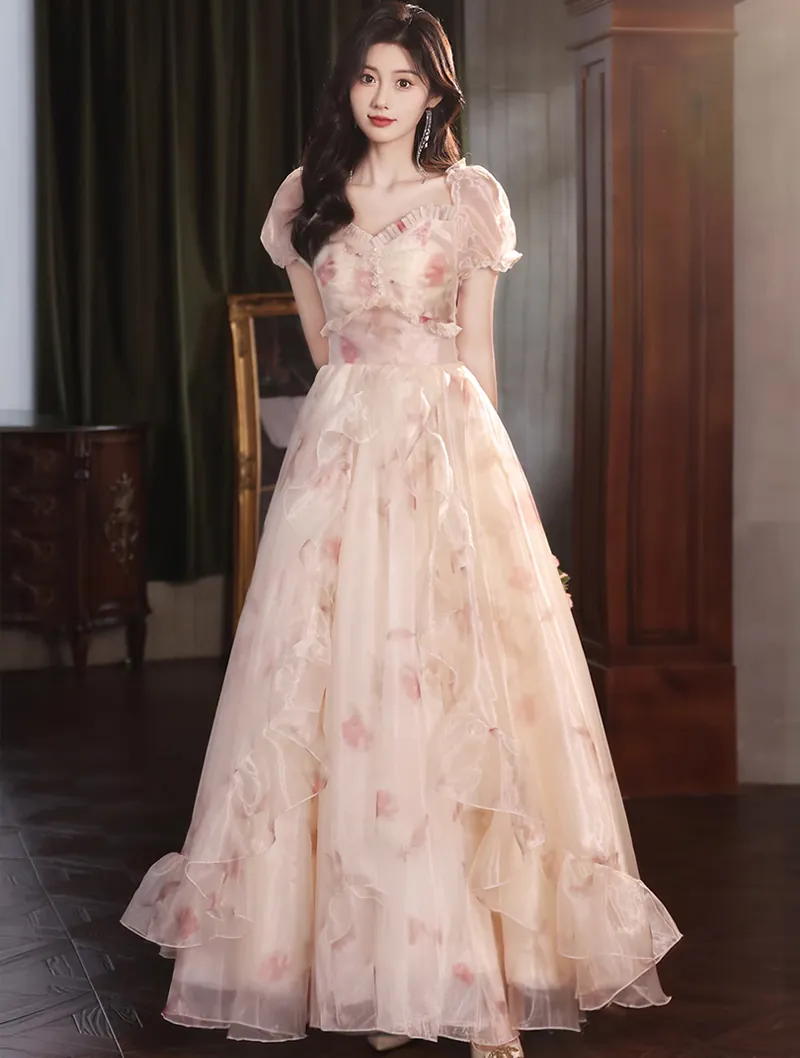 Sweet Square Neck Short Puff Sleeves Ruffle Edge Prom Party Evening ...