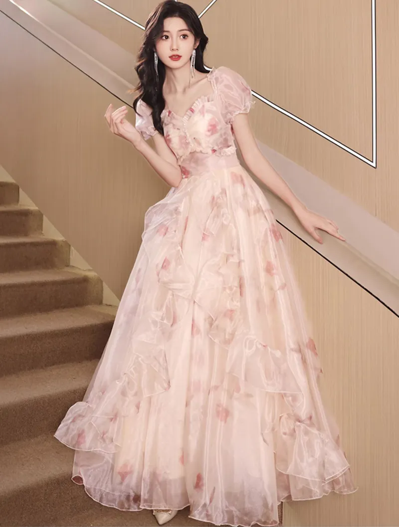 Sweet Square Neck Short Puff Sleeves Ruffle Edge Prom Party Evening ...